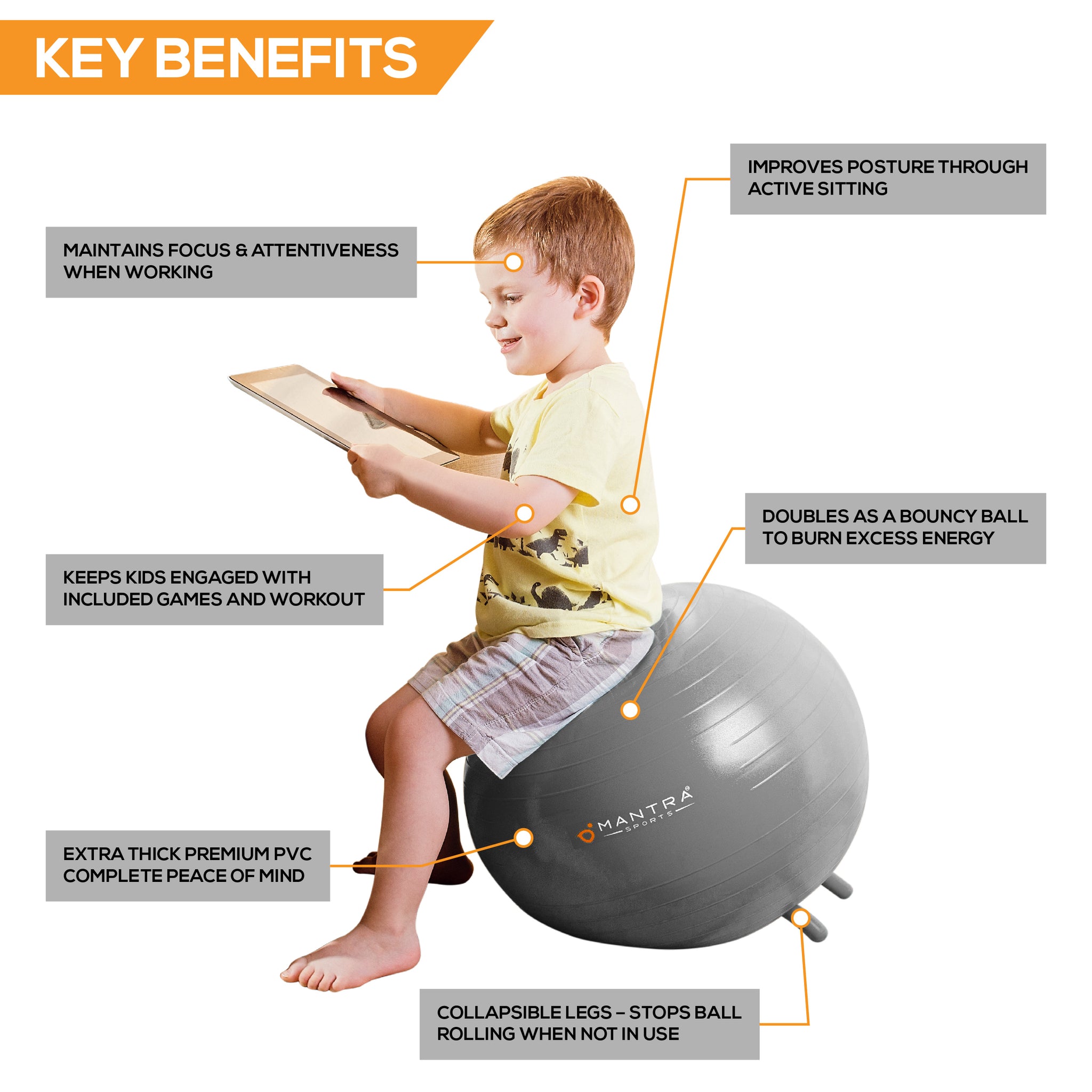 Yoga Ball & Chair for Kids. Includes Fidget Bands & Fitness Games Post ...
